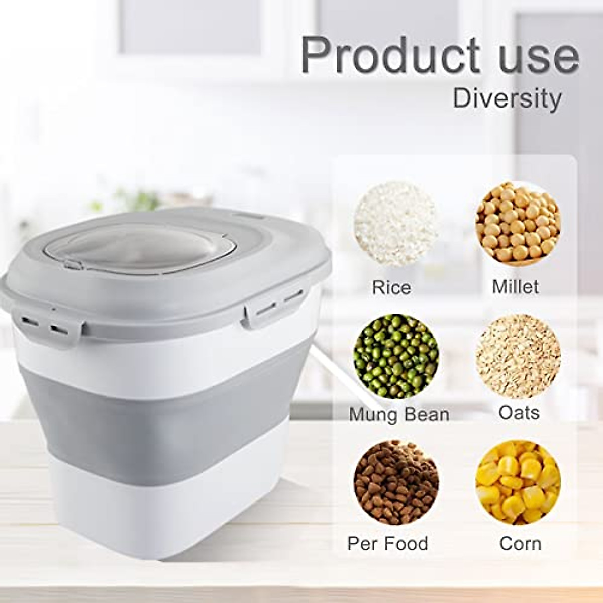 SUT Gray Rice Food Storage Containers, Collapsible 20 to 50 Lbs Large Sealed Grain Container Storage, Airtight Dispenser Bin with Rolling Wheel and Locking Lid, Pet Food Container For Kitchen Holder