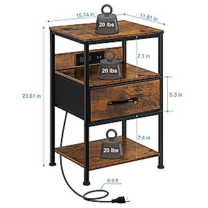 Nightstand with Charging Station Bed Side Table with Fabric Drawer 3-Tier End Table with USB Ports and Outlets Industrial Night Stand for Bedroom Living Room Vintage Brown