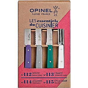 Opinel Les Essentials Small Kitchen 4 Piece Knife Set - Paring Knife, Serrated Knife, Peeler, Vegetable Knife, Corrosion Resistant High Carbon Steel, Made in France (Art Deco)