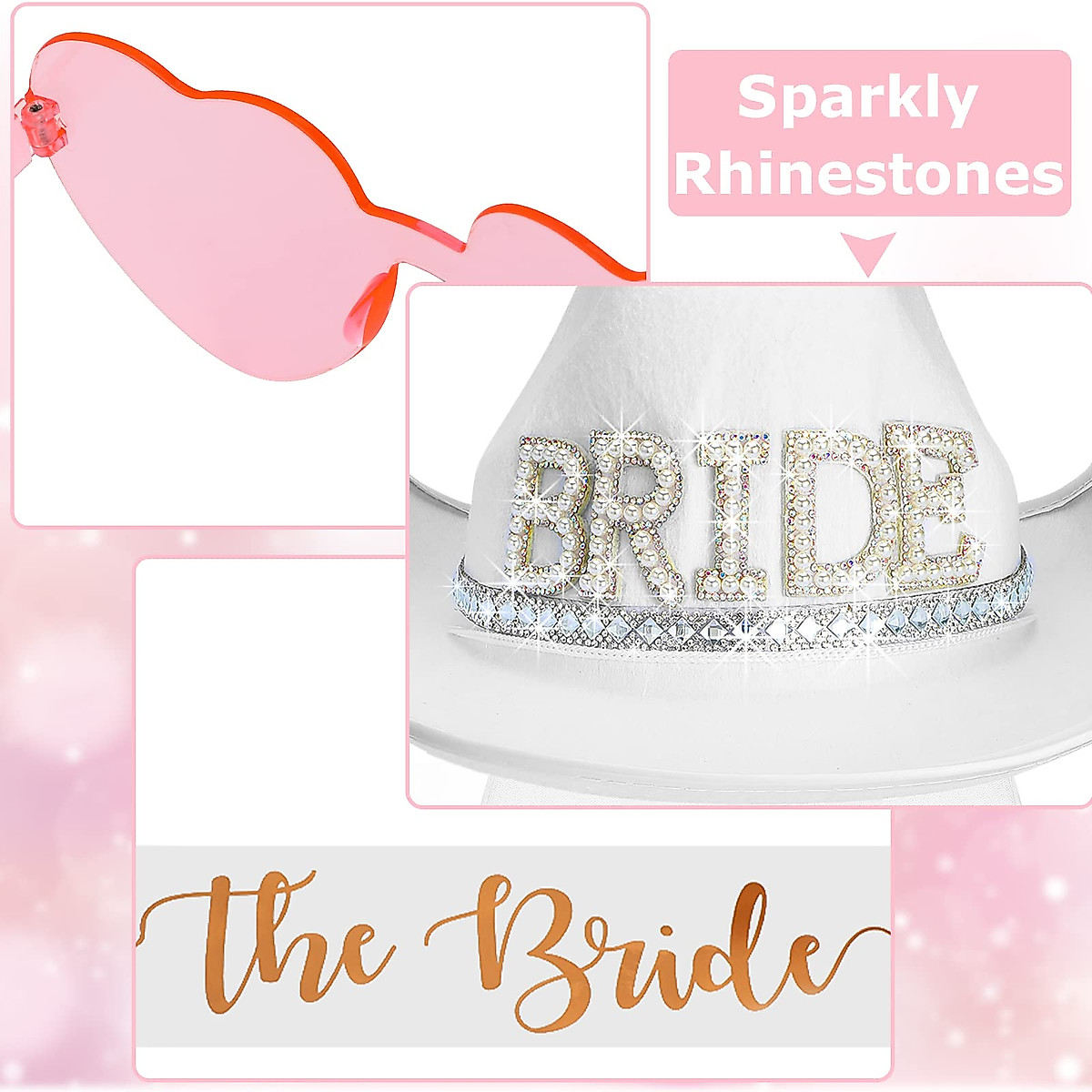 Janmercy The Bride White Cowgirl Hat with Veil Bachelorette Party White Satin Sash Rimless Heart Shape Sunglasses Wedding Party Supplies