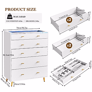 JanflyHome 5 Drawer Dresser for Bedroom Tall, Glass Dresser with 20 Colors LED Lights, Wardrobe Closet Island as Jewelry Organize, Jewelry Dresser Display, White