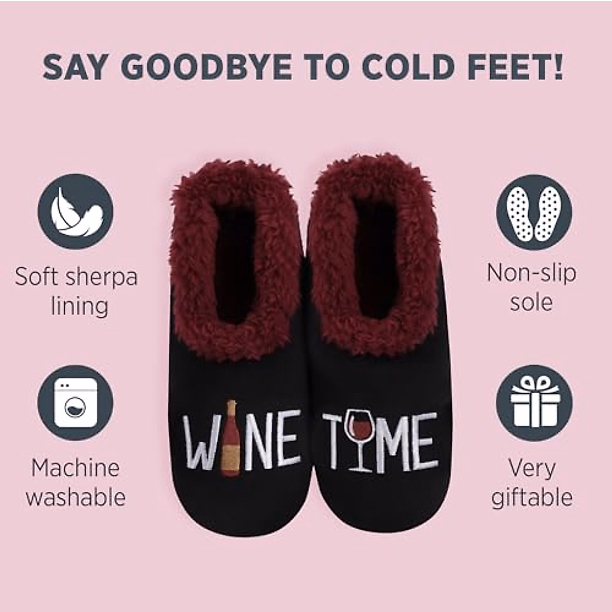 Snoozies Pairables Sherpa-lined Slipper Socks - Fuzzy and Cute Slippers for Women with Non-Slip Sole - Ladies Warm Slippers - Wine Time - Medium