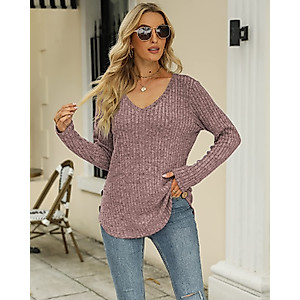 Womens Tops Long Sleeve Shirts V Neck Sweatshirts Fall Outfits Fashion 2023 Ladies Sweaters Pink Large