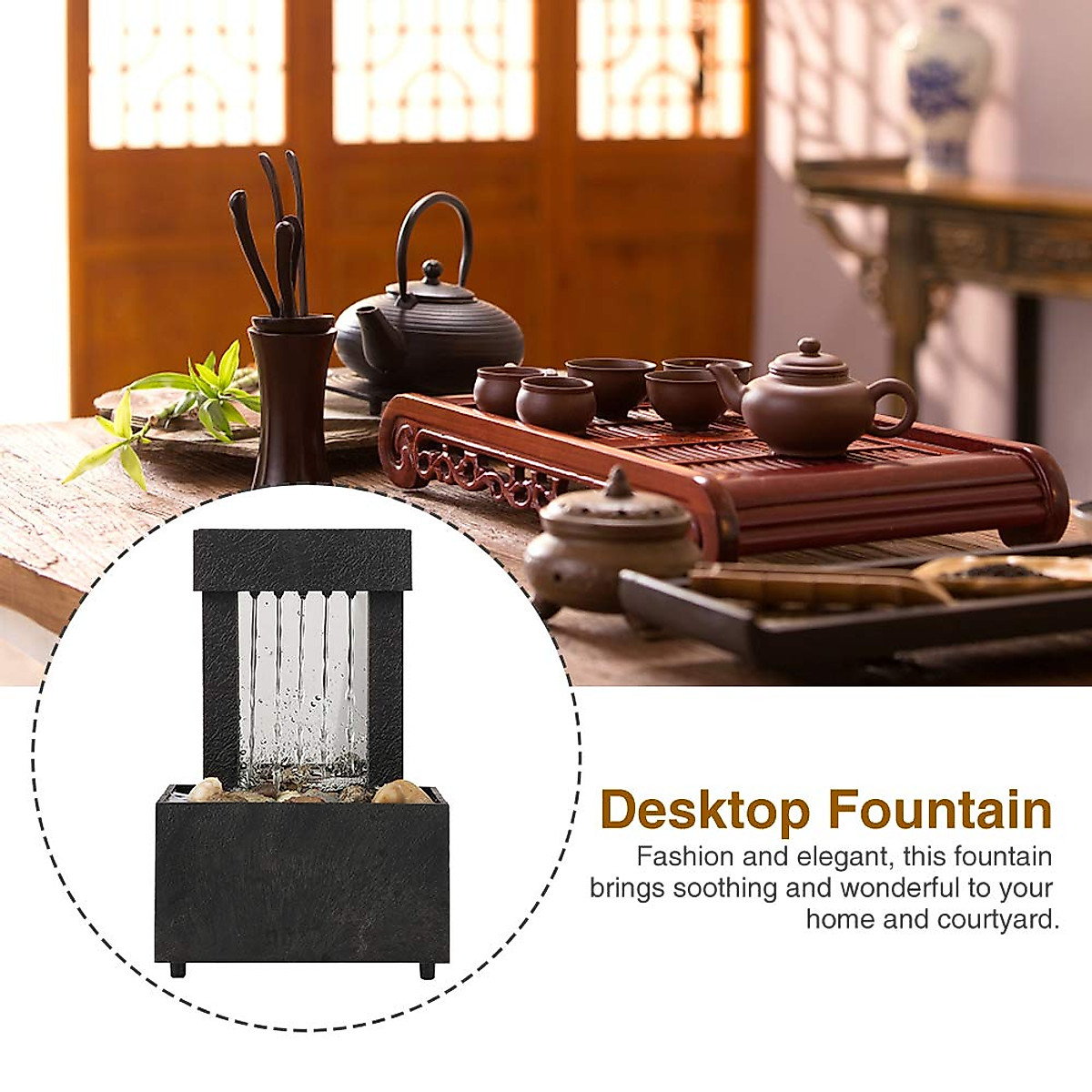 Tabletop Fountains, Indoor Water Fountain with LED Lights-Zen Garden for Desk Waterfall Tabletop Fountain for Office and Home Décor, with Stone Wall and Soothing Sound(1)