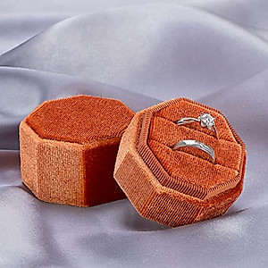 Smileshe Ring Box, Velvet Jewelry Boxes for Proposal Engagement Wedding Ceremony,Octagon Mini Double Ring Slot Bearer Case with Detachable Lid
