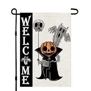 Halloween Welcome Garden Flag Burlap Double Sided Vertical 12×18 Inch Spooky White Ghost Jack Lantern Pumpkin Yard Decor DF108