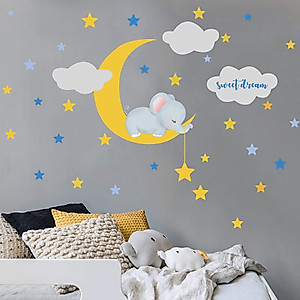 Moon and Stars Wall Stickers, Sleeping Elephant Wall Decals Sweet Dream Decoration for Baby Room Kids Bedroom Nursery and Playroom