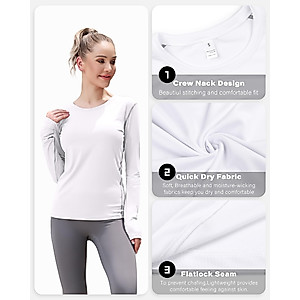 WANAYOU Women's Compression Shirt Dry Fit Long Sleeve Running Athletic T-Shirt Workout Tops (2 Pack White, Small)