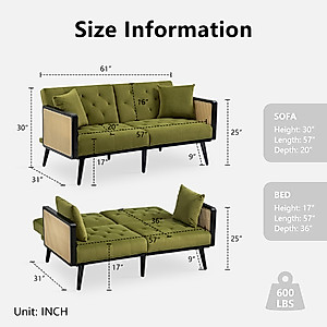 Dolonm 62 Inch Velvet Sofa with Rattan Armrests and 2 Pillows, Loveseat Sofa with Metal Feet, Modern Convertible Futon Couch, Multi-Functional Sofa Bed, Accent Sofa for Living Room, Olive Green