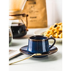 YHOSSEUN Espresso Cups Set of 6, 4 OZ Expresso Shots Cup Small Coffee Cup with Sacuers Metal Stand, Ceramic Espresso Cups for Cappuccino, Latte, Cafe Mocha and Tea, Blue