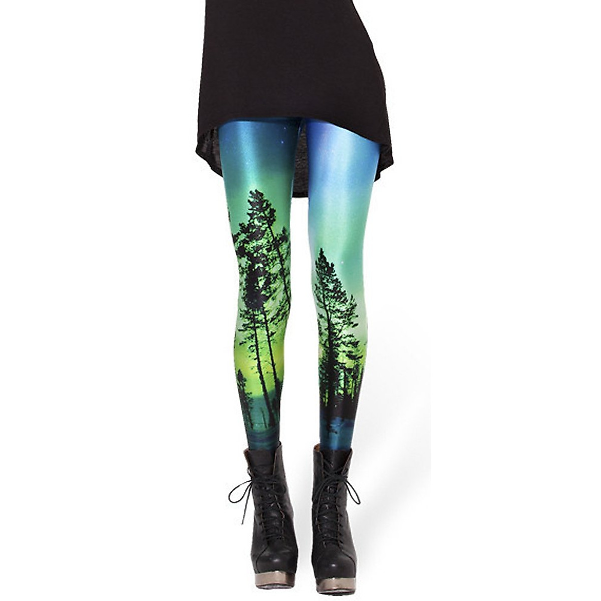 QZUnique Women's Green Tree Sky Printed Footless Elastic Sexy Tights Leggings,Green Tree,One Size