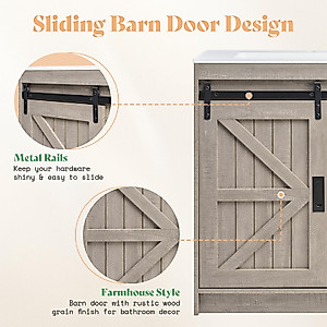 AMERLIFE Farmhouse Bathroom Vanity with Sink Combo, 31in Sliding Barn Door Bathroom Vanity Cabinet Set with Storage Drawers, Metal Handles, Small Single Bath Storage Vanity Sink, Light Grey