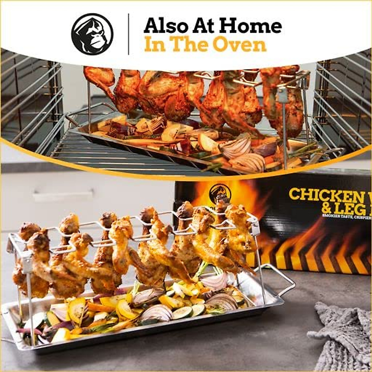 Chicken Drumstick Grill Rack - Large Capacity Smoker Stainless Steel With A Locking Mechanism & Deep Drip Tray Bundle with MOUNTAIN GRILLERS Rib Racks for Smoking Holds 5 Baby Back Ribs - Black