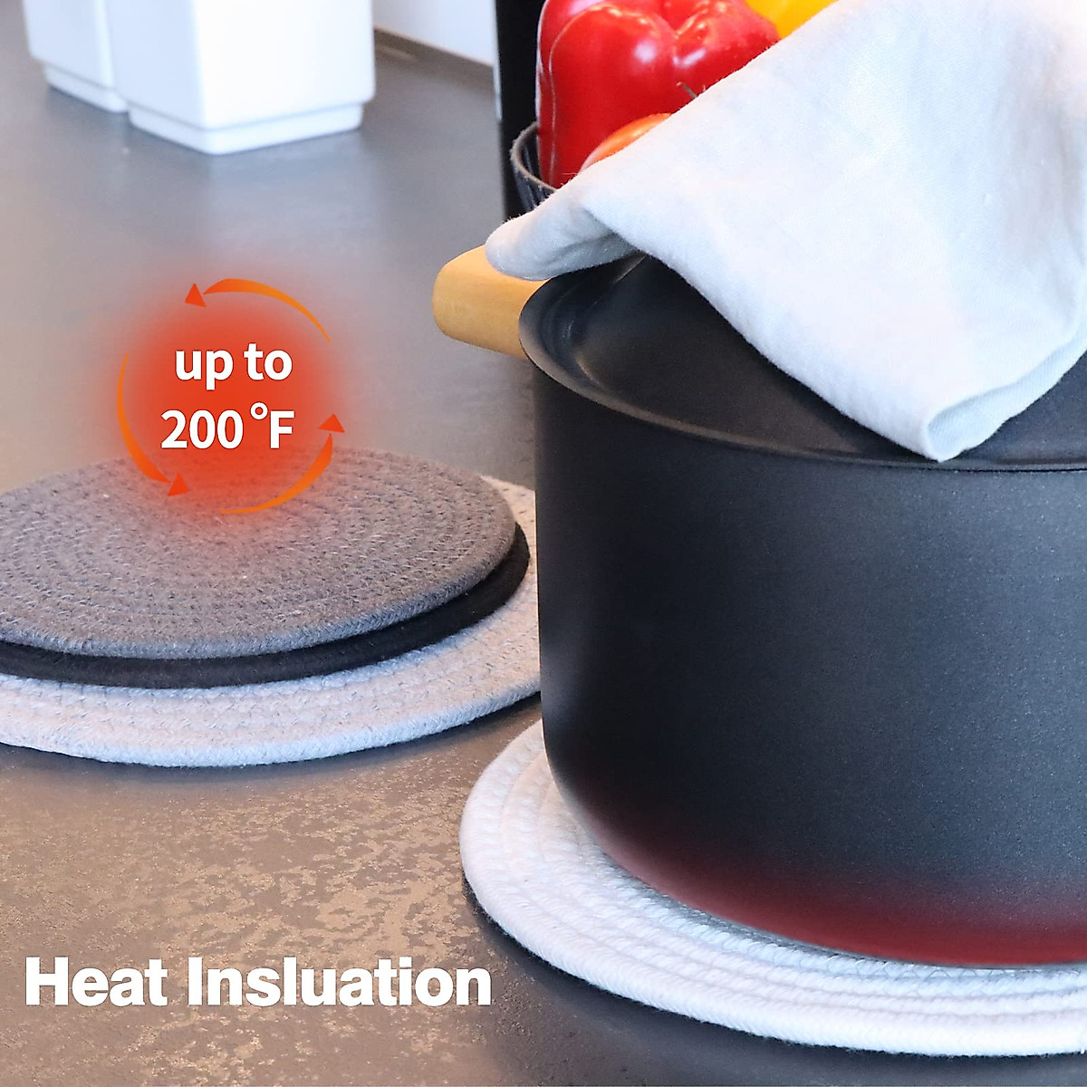 Coomin Trivets for Hot Dishes and Pans, 4Pcs Heat Resistant Pot Holders for Kitchen, 9.5 inch and 7 inch Handmade Woven Potholders, Cotton Pad Mats for Quartz Countertops and Table, Home Decor