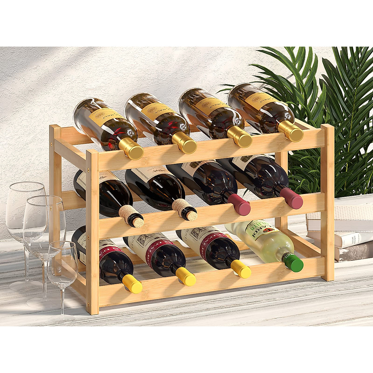 BAMEOS Bamboo Wine Rack, 3 Tier Natural Wine Rack Freestanding Floor Display Storage Shelf countertop Wine Holder for Kitchen, Bar, Pantry, Wine Cellar, Basement,Study，Maroon (16.85 L x 9.25W x 12H)