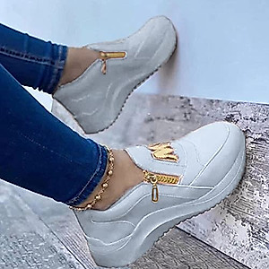 Holzkary Zipper Womens Slip On Shoe Walking Vegan Leather Sneakers Lady Girls Fashion Jazz Dance Platform Loafers White US Size 9