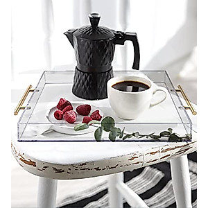 12"x16" Clear Acrylic Serving Tray with Golden Handles, Huge Capacity Sturdy Acrylic Tray for Coffee, Juice, Kitchen and Desk Organizer, Storage Tray (12"x16")
