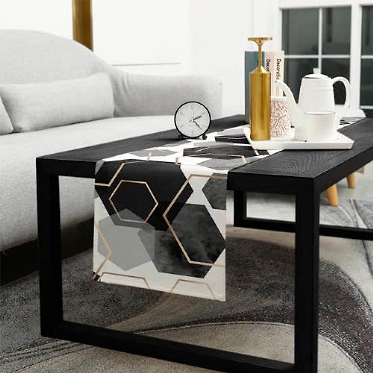 Lsrtoss Black Grey Geometric Table Runner 120 Inches Long Farmhouse Dress Scarves, Yellow Modern Abstract Art Aesthetics Dining Tablerunner for Coffee Table/Kitchen Island/Party Décor, 13" x 120"