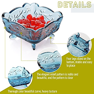 Fivtyily Retro Carved Square Glass Fruit/Sugar/Candy Dish Tray Ice Cream Bowl with Antislip Legs (Blue)