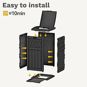 DWVO 33 Gallon Outdoor Trash Can with Tiered Lid and Drip Tray, Waterproof Resin Garbage Can for Patio, Kitchen, Deck and Backyard - Black