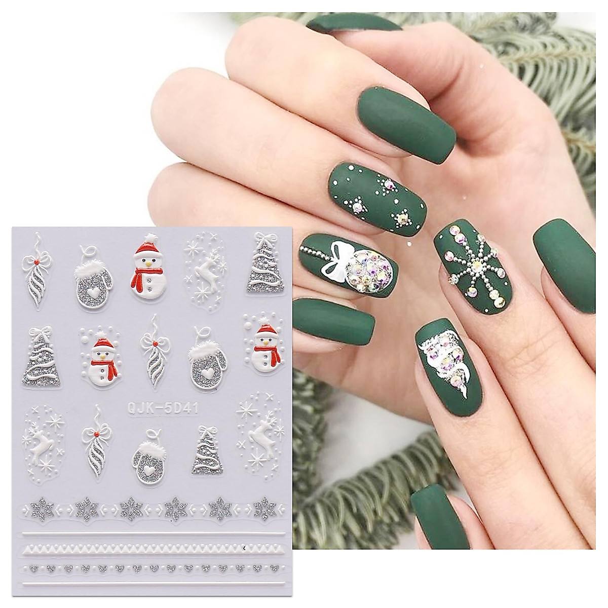 JMEOWIO 6 Sheets 3D Embossed Christmas Glitter Nail Art Stickers Decals Self-Adhesive Pegatinas Uñas 5D Snowman Elk Snowflake Xmas Winter Holiday Nail Supplies Nail Art Design Decoration Accessories