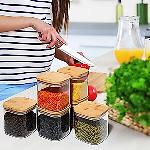 27oz Glass Food Storage Jars with Bamboo Lids, Clear Square Airtight Kitchen Storage Container Sets, Stackable Glass Pantry Food Canisters for kitchen Counter, Candy, Cookie, Rice, Cereal(Set of 6)