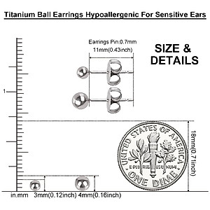 VGACETI 3mm 4mm Hypoallergenic Pure Titanium Ball Post Stud Earrings for Sensitive Ears in Multiple Colors for Women Men High Polished (Shiny Grey Diameter:4.0mm)