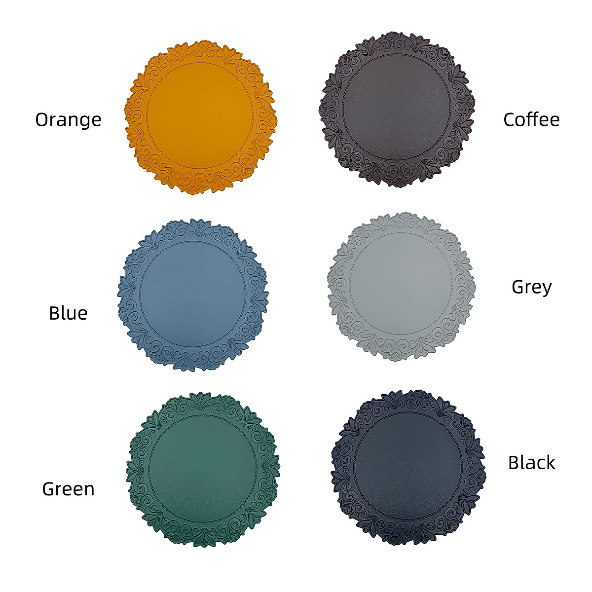 Canglifull European Embossed Waterproof Faux Leather Round Table Placemats Set of 6, Wipeable and Washable, Suitable for Round Tables, Dining Tables for Home Kitchen Decoration (Black)