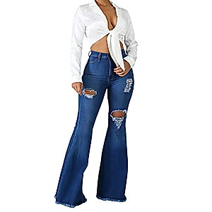 Maiyifu-GJ Women's Ripped Bell Bottom Jeans Destoryed High Waist Raw Hem Flared Jean Slimming Distressed Wide Leg Denim Pants (Dark Blue,Large)