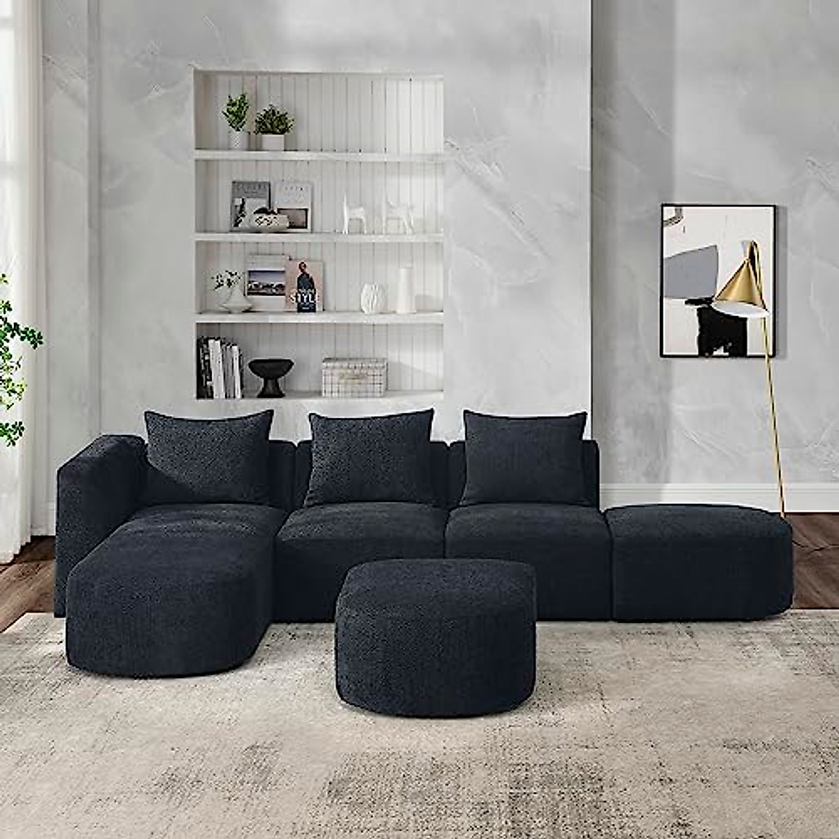 L-Shaped Stylish Comfy Sectional Sofa Couch with 2 Single Seats, Left Chaise and Movable Ottomans, Modern DIY Combination Convertible Modular Sofa&Couch Cloud Deep Seater Cozy Sofá for Living Room
