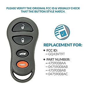 Keyless2Go Replacement for New Keyless Entry 4 Button Remote Car Key Fob for Select Vehicles That Use FCC ID GQ43VT9T (2 Pack)