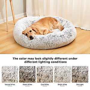 Bedfolks Calming Donut Dog Bed, 36 Inches Round Fluffy Dog Beds for Large Dogs, Anti-Anxiety Plush Dog Bed, Machine Washable Pet Bed (Light Grey, Large)