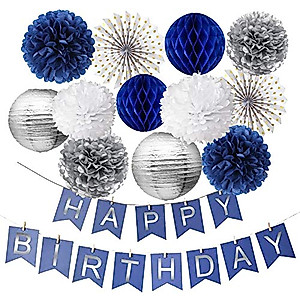 zorpia Outer Space Birthday Party Decorations 1st Birthday Boy Prince Party Decorations with Navy Silver Tissue Pom Poms Decorations Happy Birthday Banner Navy Blue Glitter Silver Paper Star Garlands
