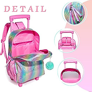 HTgroce 3 in 1 Pink Rolling Backpack for Girls, Kids Roller Wheels Bookbag, PWR Girls Backpack with Wheels Suitcase School, Wheeled School Bag and Lunch Bag & Pencil Case