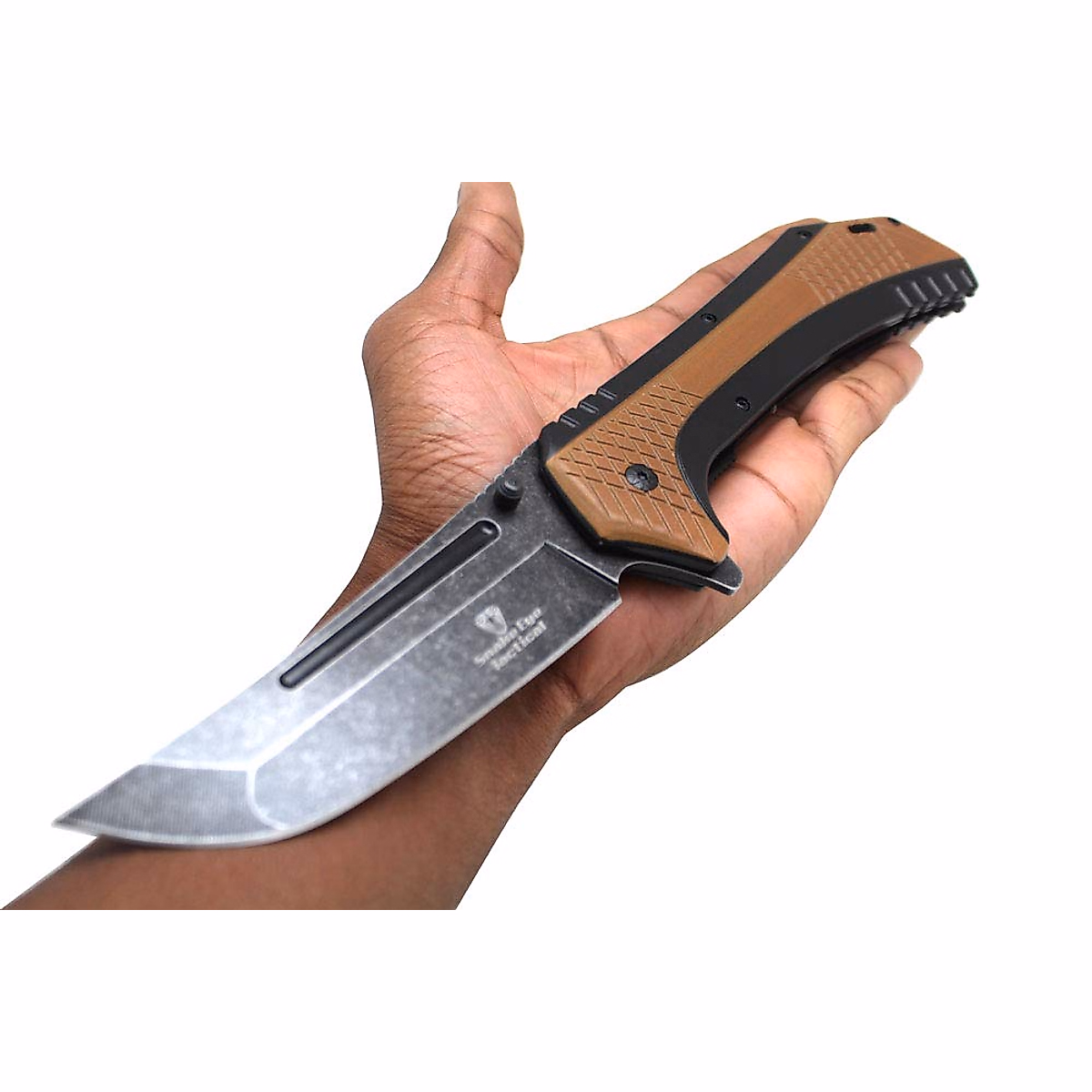 Snake Eye Tactical 12" Heavy Duty Stonewashed Blade Ultra Smooth One Hand Opening Folding Pocket Knife Limited Edition Collectors Knife - Ideal for Recreational Work Hiking Camping (Brown)