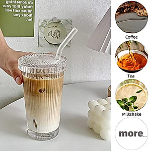 YAHUIPEIUS Glass Tumbler Stripe Glass Cup Coffee Cup With Lid and Straw Drinking Glasses for Water,Iced Coffee,Milk,Tea,Juice (A-Stripe)