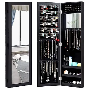 Giantex Jewelry Armoire Cabinet Wall Door Mounted with Full Length Mirror, Jewelry Organizer with Makeup Mirror, Ring Earring Slots, Necklace Hooks, Large Capacity Storage Jewelry Armoire (Black)