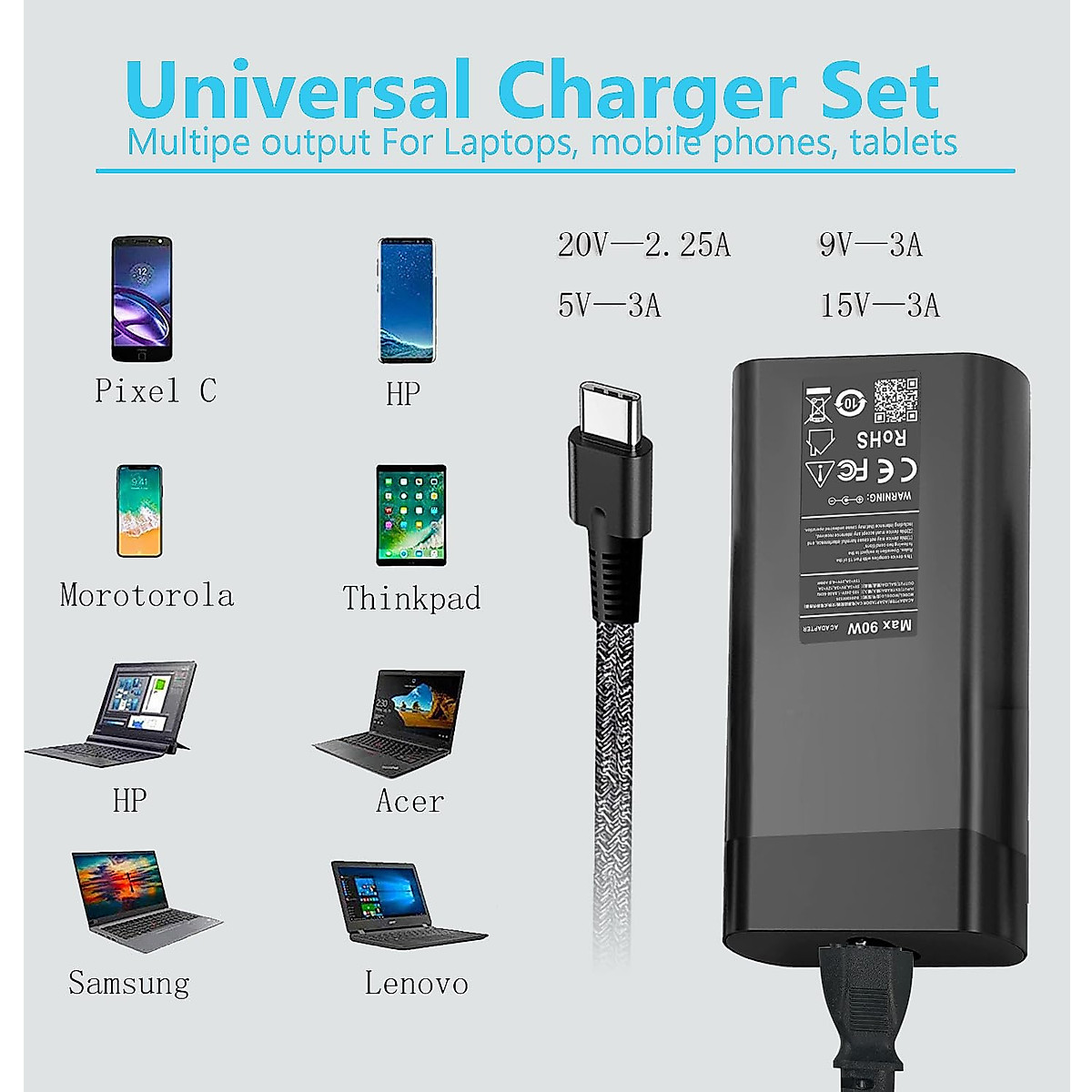 90W Type C Laptop Charger, Universal 20V 4.5A Chromebook Adapter for Dell Latitude 5420 5520 7420 5400 7300 7389 5430 5530 7430 7390 ; Dell XPS 13 12 9320; Precision 5530 2in1, 3540, 3550, 5550, 5750