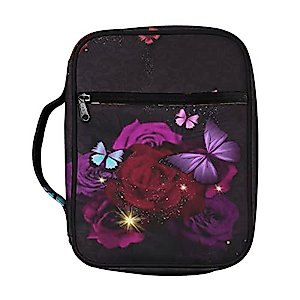 SCRAWLGOD Rose Butterfly Print Bible Case for Womens Girls,Bible Cover Bags Carrying Book Case Church Bag Bible Protector with Handle and Zippered Pocket
