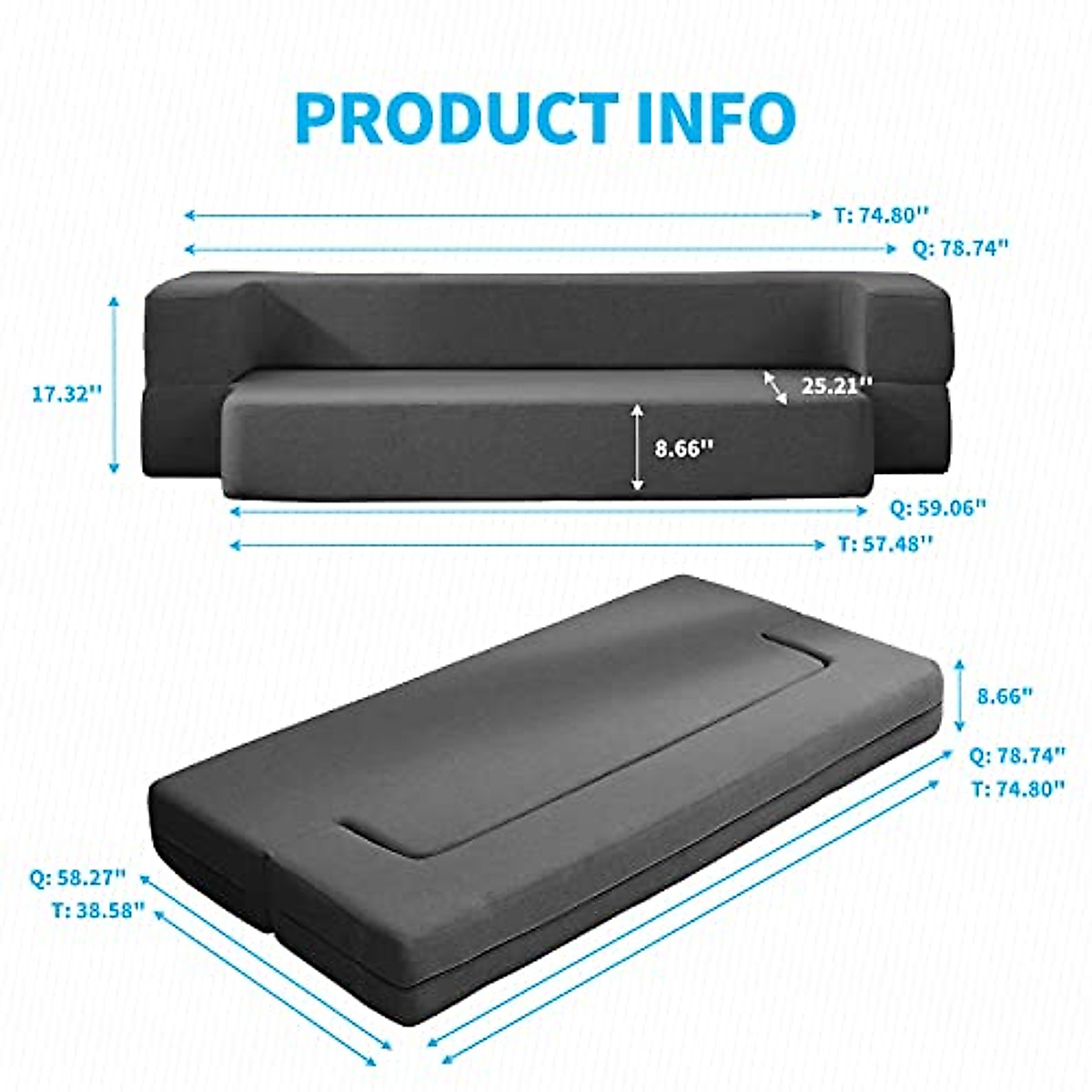 Mjkone 8.6 Inches Floor Sofa Bed Twin Size, Convertible Folding Sofa Bed, Sleeper Couch Bed with Memory Foam Mattress, Guest Bed for Living Room/Bedroom/Guest Room/Home Office (Dark Grey)