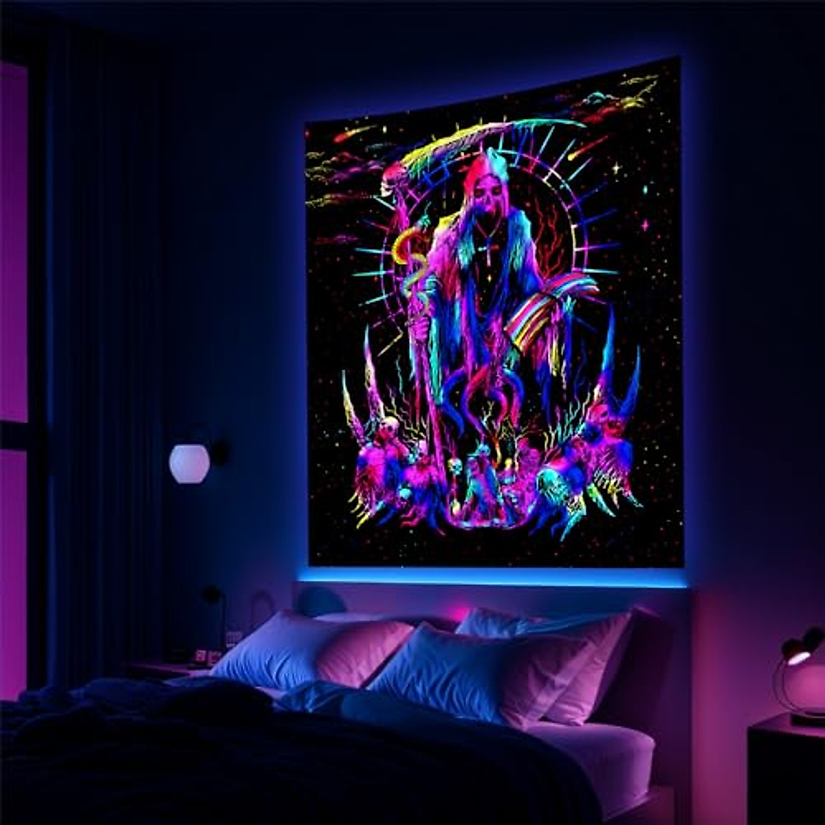 Blacklight Skull Tapestry for Bedroom, Hippie Grim Reaper and Skeleton Posters Wall Hanging for Men Room Decor, Large Black Light Cool Gothic Tapestries for Men Living Room Dorm Decor (60in x 79in)