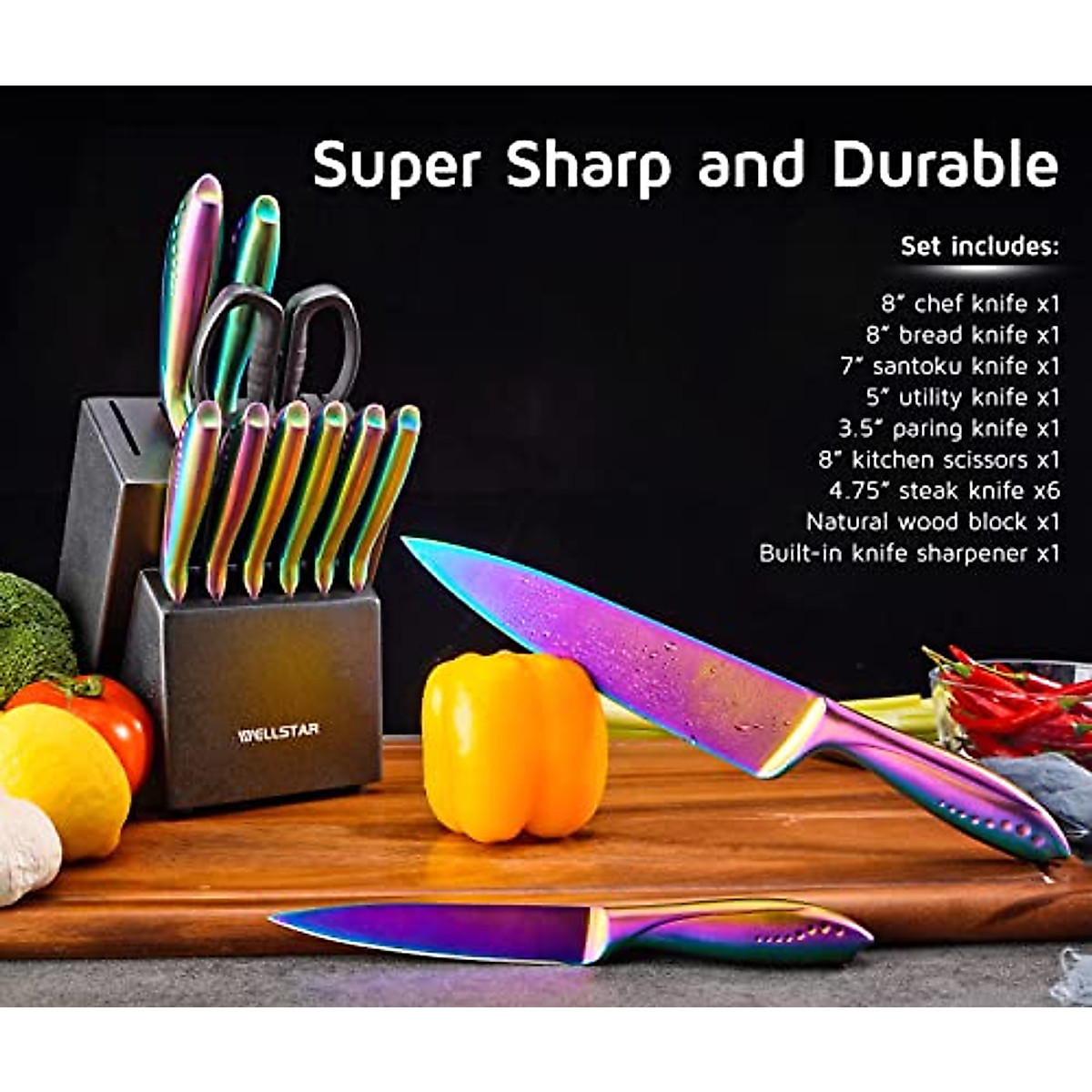 WELLSTAR Rainbow Knife Set 14 Pieces, Iridescent German Stainless Steel Kitchen Knives Set with Wooden Block, Colorful Titanium Coating, Chef’s Knife Block Set with Scissors and Built-in Sharpener