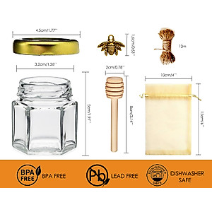 Adabocute 20 Pack Mini Honey Jars with Dipper - Mini Honey Jars for Baby Showers & Wedding Gifts - Gold Lids, Bee Pendants, Jutes and Gift Bags