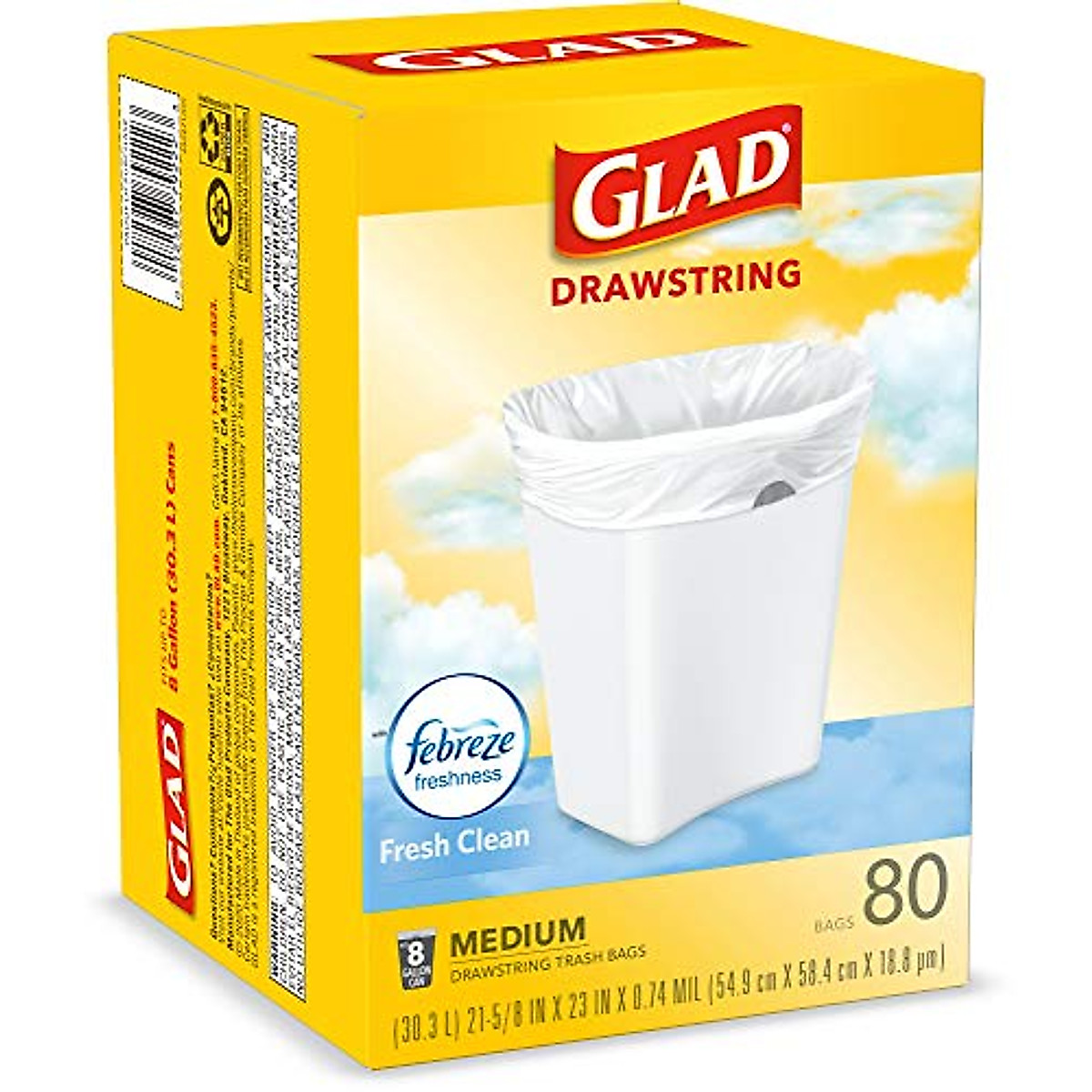 Glad Trash & Food Storage Medium Kitchen Drawstring Trash Bags 8 Gallon White Trash Bag, Fresh Clean Scent, 80 Count (Package May Vary)