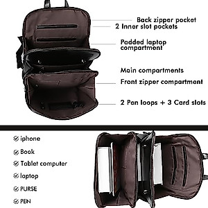 Womens and Men Backpack, Purse Leather 15.6 Inch Laptop Large Travel Business Vintage College Casual Daypack Purse Shoulder Bags, Black+ Brown