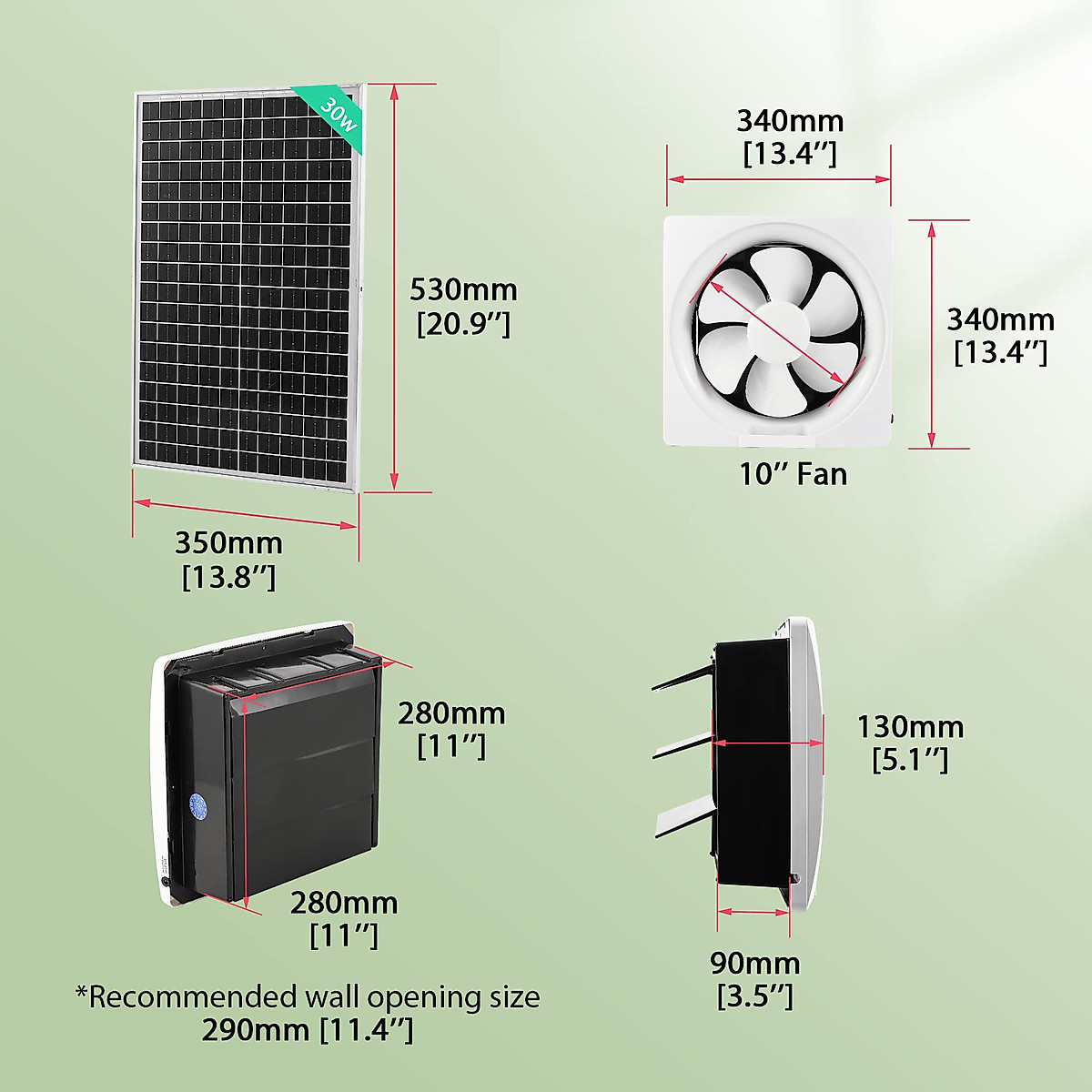 Mxmoonfree Solar Powered Exhaust Fan Kit, 30W Solar Panel + 10'' High-airflow Shutter Exhaust Fan, Ventilation Solution for Greenhouse, Sheds, Chicken Coops, Pet Houses, RVs, Garages, Attics