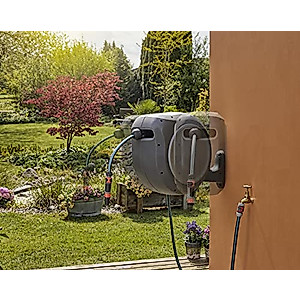 GARDENA 8055-100 Foot Wall Mounted Retractable Reel with Hose Guide, Automatic retraction for Easy Watering