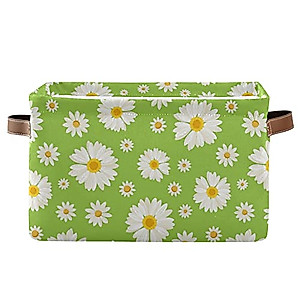 xigua Green Daisy Flowers Square Storage Basket,Collapsible Sturdy Fabric Storage Basket Cube W/Handles for Clothes Toy Closet(2 pcs)