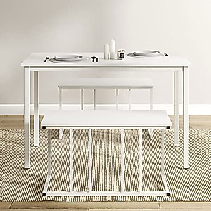 DlandHome 47'' Dining Table Set for 4, Kitchen Table Set Dining Table and 2 Benches, Kitchen Table and Benches, 3 Pieces Breakfast Table Set Dining Table with Bench Dining Room Bench Set, White