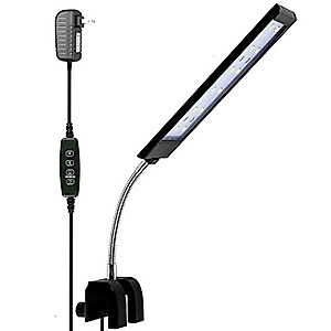 MingDak Fish Tank Clip on Light with Inline Timer, Clamp Aquarium Light with White & Blue LEDs, 3 Lighting Modes, Dimmable, 7W, 18 LEDs